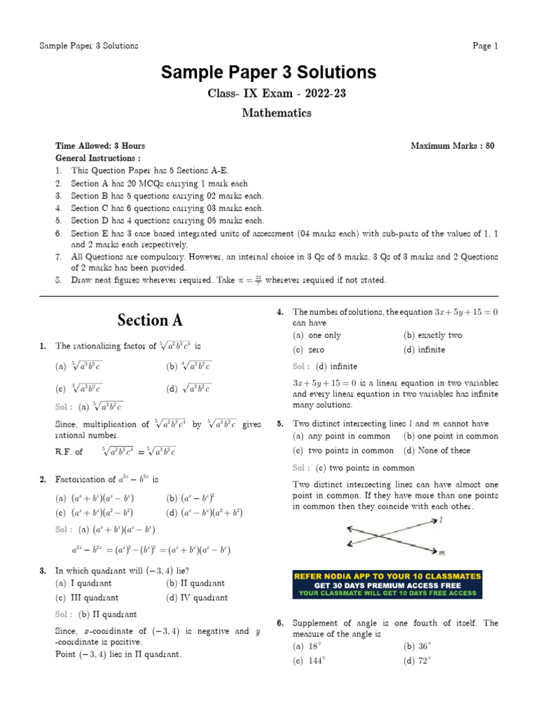 Class IX Math Sample Paper Solutions | PDF | Euclidean Geometry | Geometry