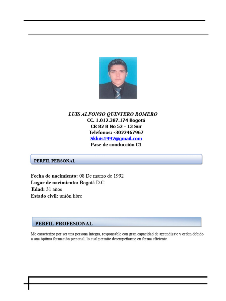 Hoja de Vida Romero Luis Quintero | PDF