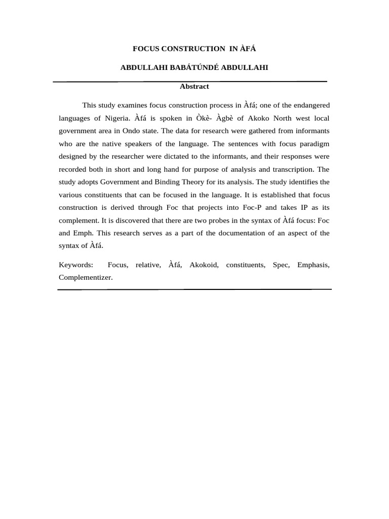 Focus Construction in Àfá Language | PDF | Phrase | Syntax