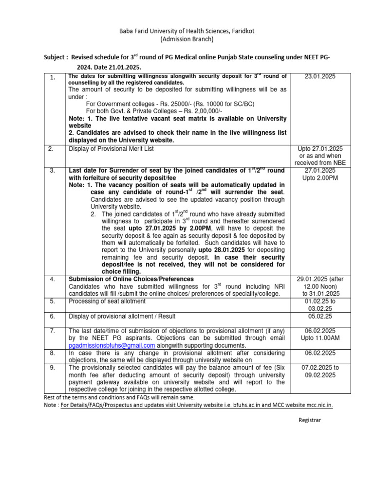 11.revised Schedule of 3rd Round PG Medical Counselling 21-1-25 | PDF | Medical Education