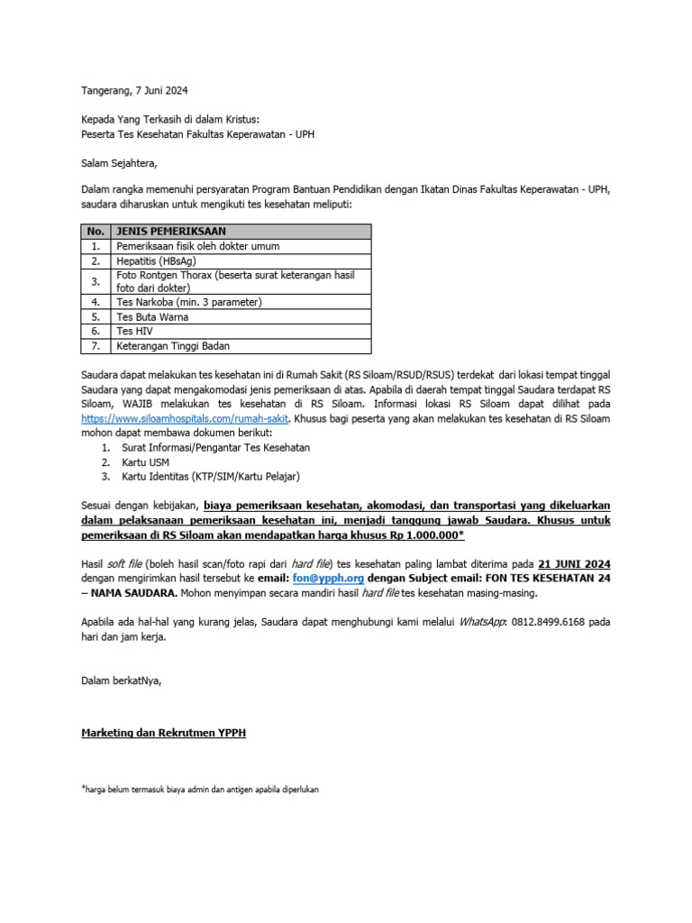 Surat Informasi Tes Kesehatan FON | PDF