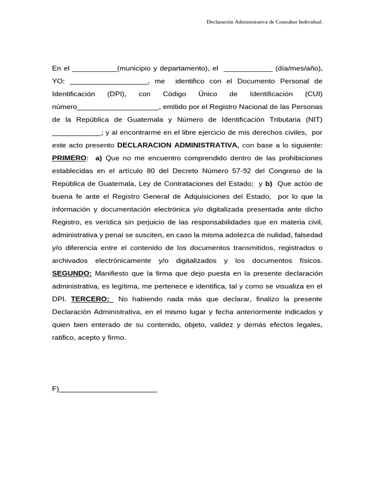 Modelo de Declaracion Administrativa SIMPLE (Consultor Individual) | PDF