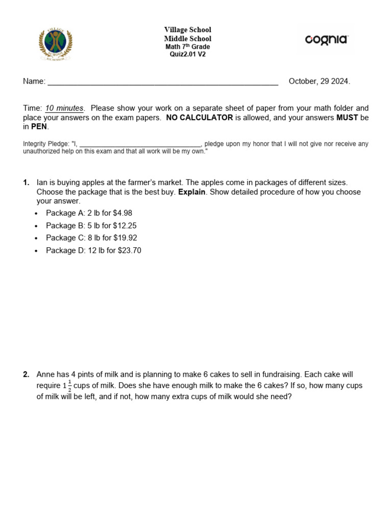 Quiz2.01 7th Grade V2 | PDF