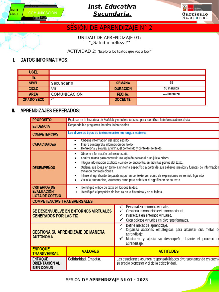 1º Com Ses 2 Uni 1 Sem 01 - 2022 | PDF | Aprendizaje | Maestros
