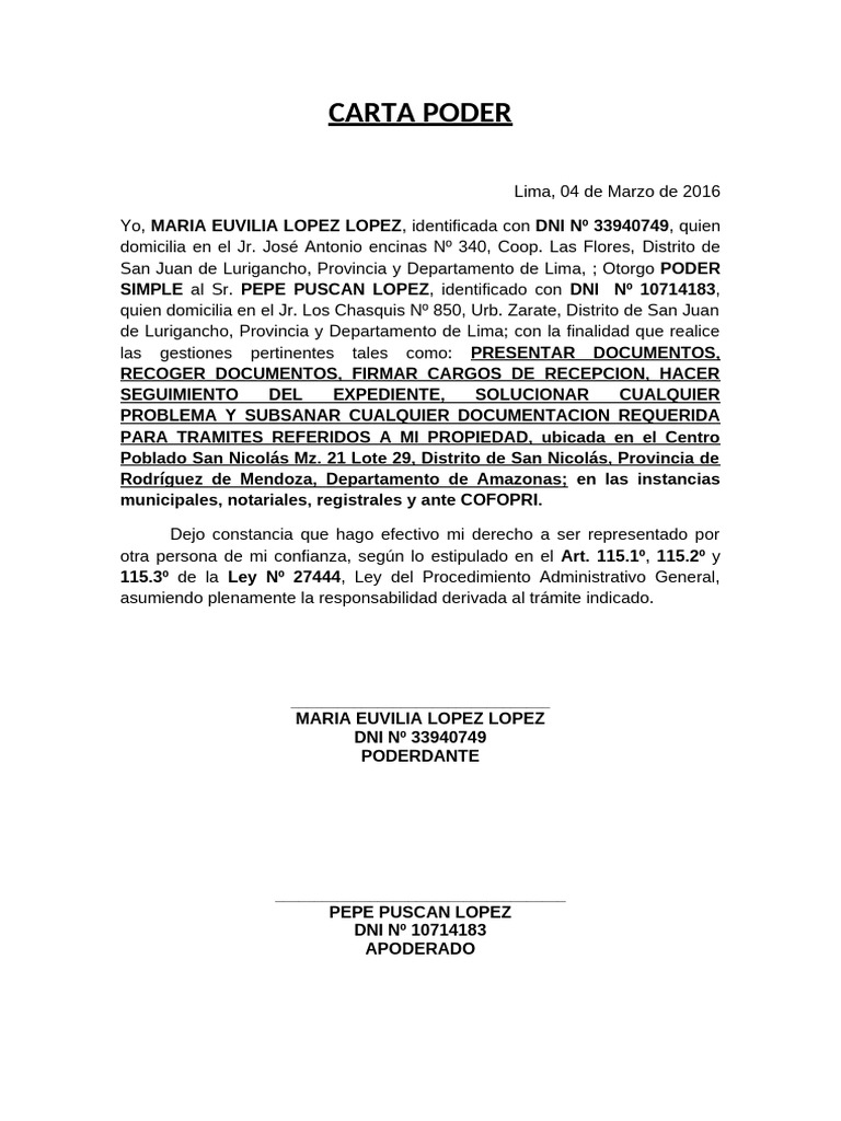 Carta Poder Simple - Generico | PDF