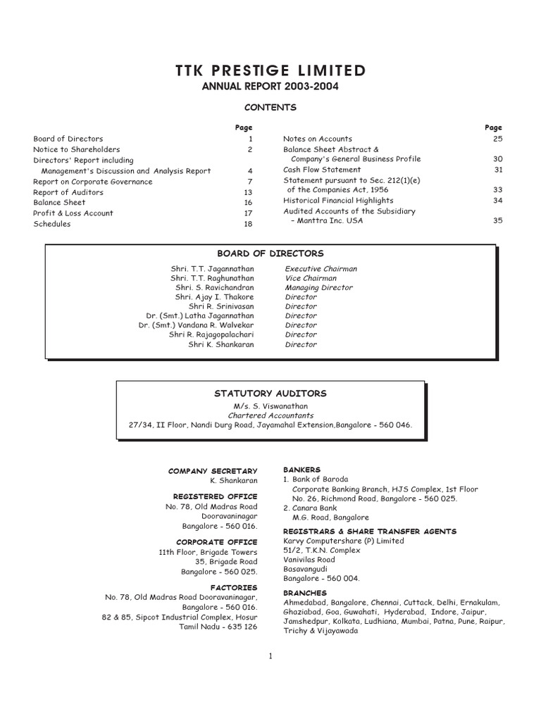 TTK Prestige Limited: ANNUAL REPORT 2003-2004 | PDF | Kitchen Stove | Corporate Governance