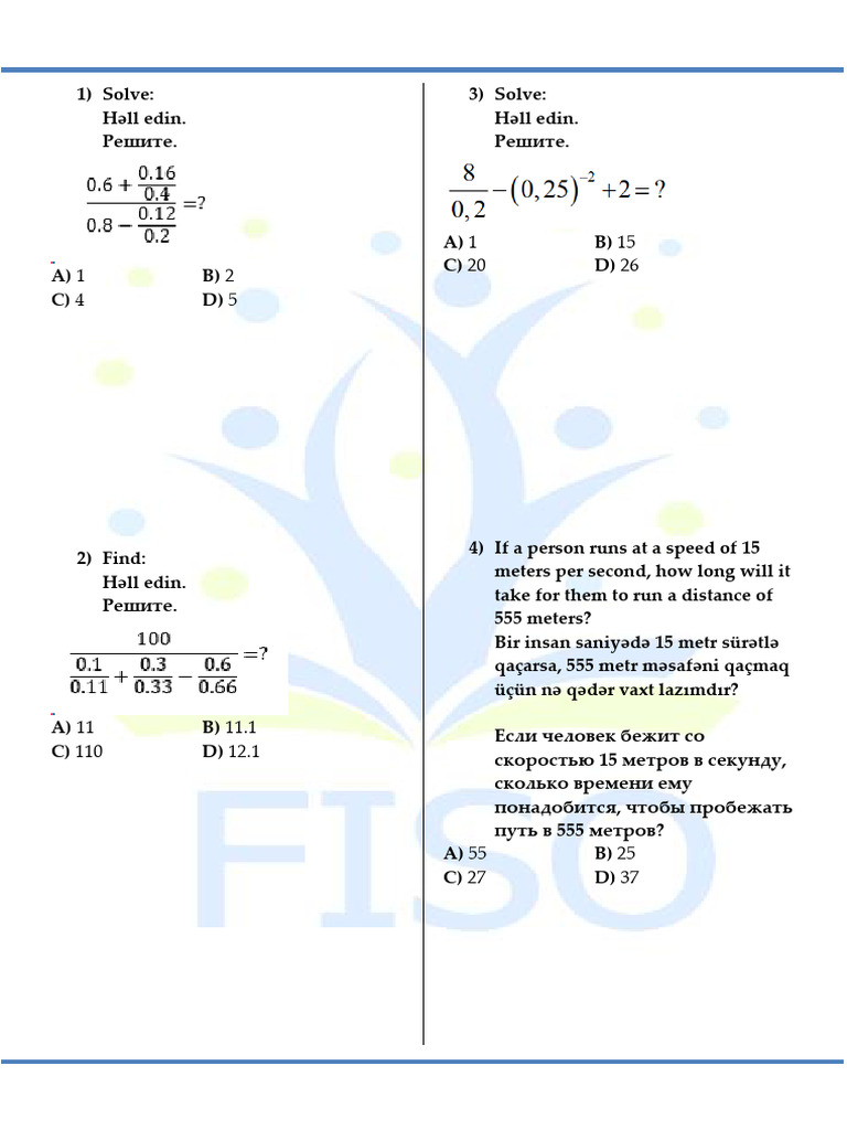 FISO MATH SUALLAR Kateqoriya 6 | PDF