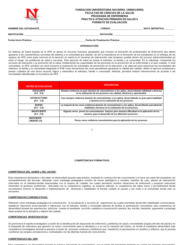 III. FORMATO DE EVALUACION APS Uni | PDF | Enfermería | Evaluación