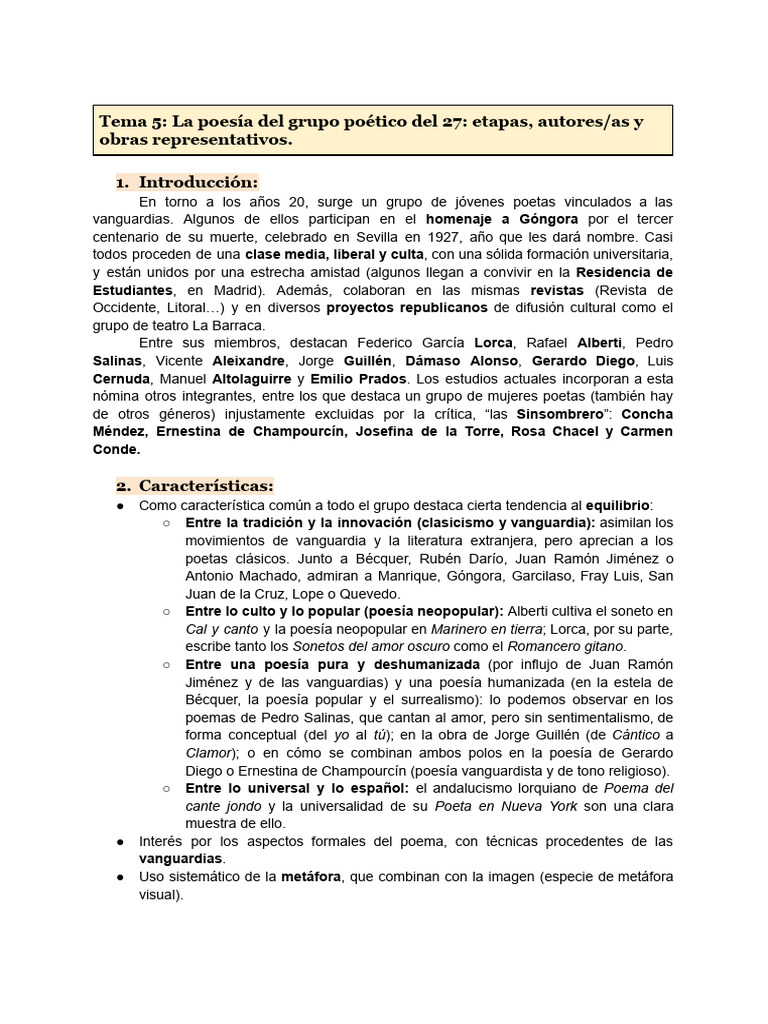 Tema 5- La poes-a del grupo po-tico del 27- etapas- autores-as y obras representativos | PDF ...
