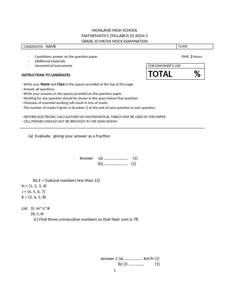 Grade 10 Maths Mock Exam Syllabus 4024/1 | PDF | Significant Figures ...
