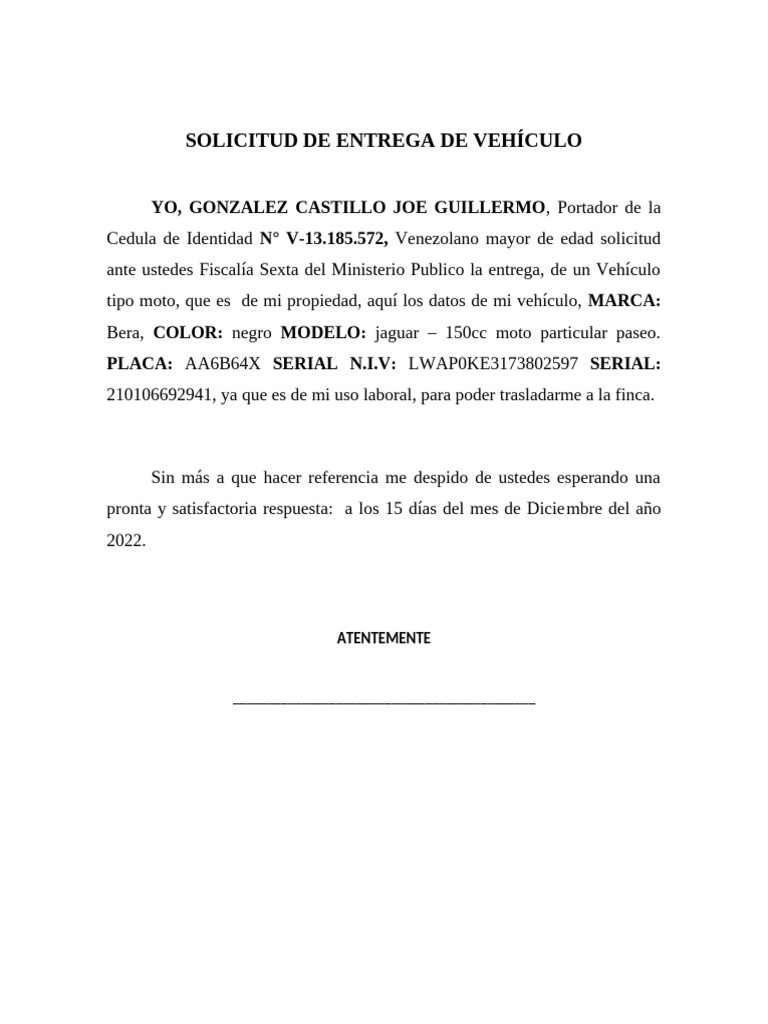 Solicitud de Entrega de Vehículo | PDF