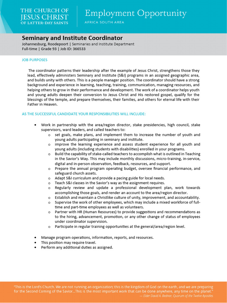 Church Employment Opportunity - SAI Coordinator Roodepoort | PDF ...