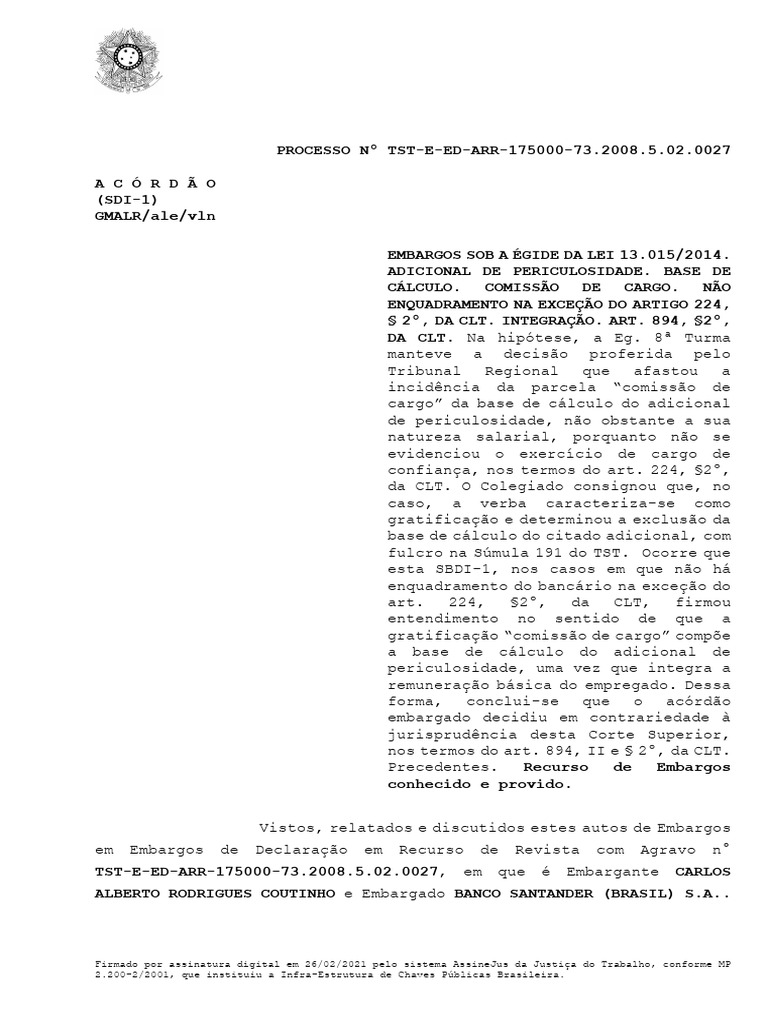 Acórdão Paradigma II - Base de Cálculo Do Adc. de Periculosidade - Sdi ...