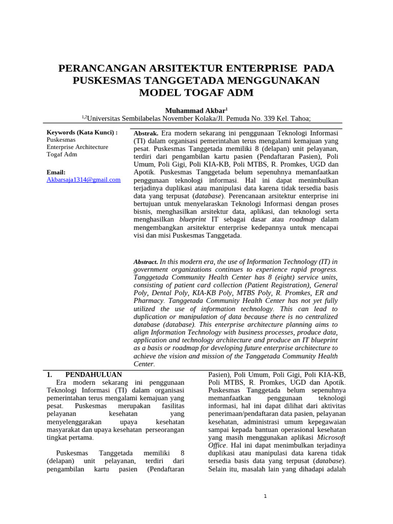 Artikel Perancangan Arsitektur Enterprise Pada Puskesmas Tanggetada | PDF