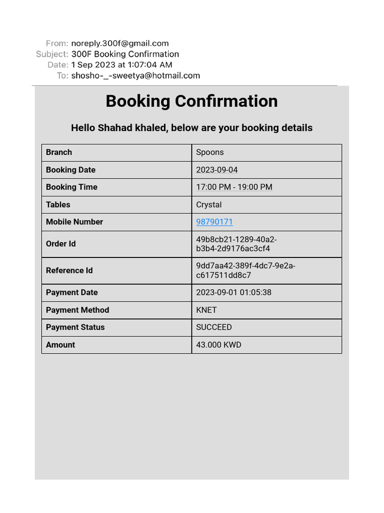 300F Booking Confirmation | PDF