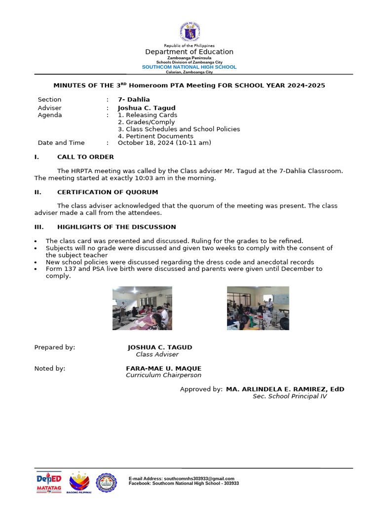 3rd PTA Meeting Minutes for 7-Dahlia | PDF
