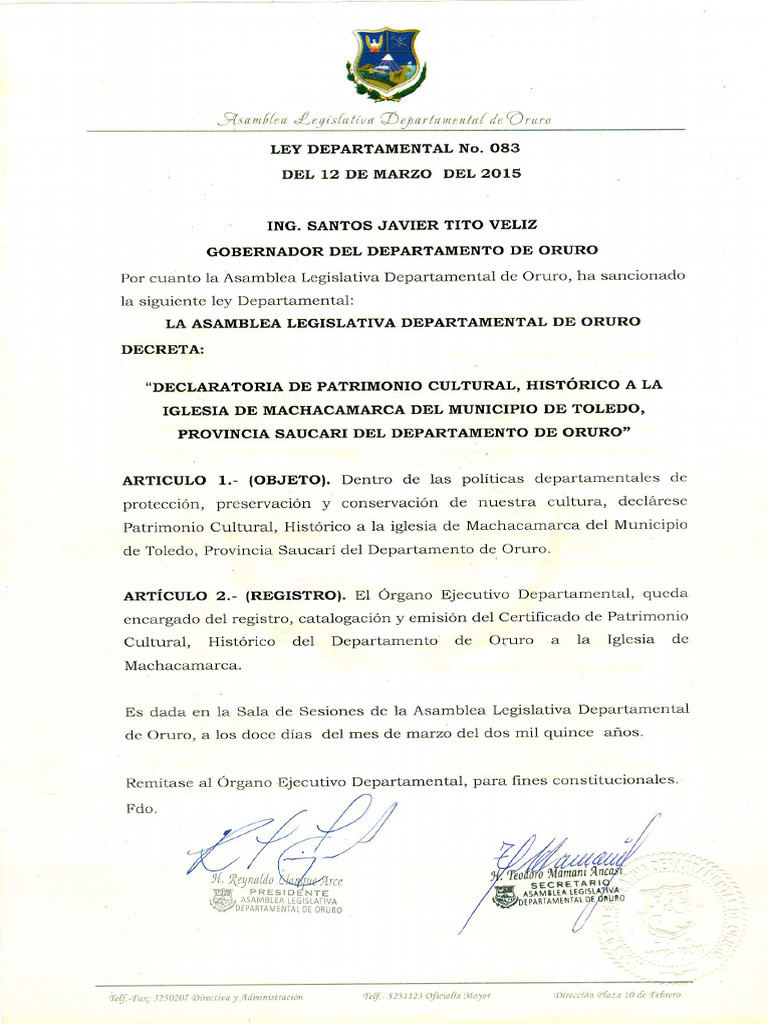 Ley #83 - Declaratoria de Patrimonio Cultural, Historico A La Iglesia ...