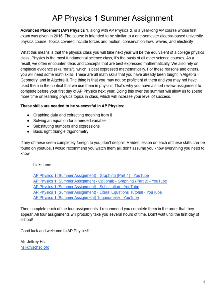 AP Physics 1 Summer Assignment 2022 | PDF | Mathematics | Algebra