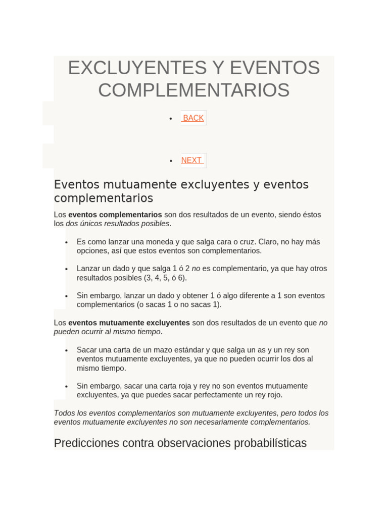 Excluyentes y Eventos Complementarios | PDF | Probabilidad ...