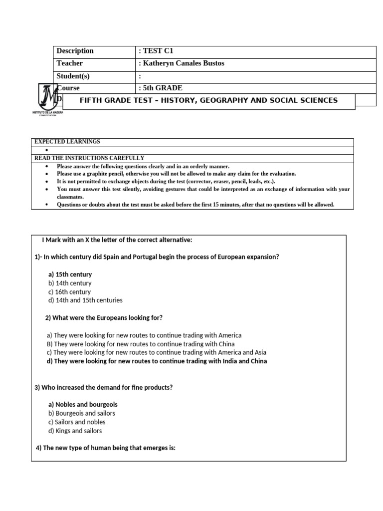 TEST C1 OF HISTORY European Expansion 5th | PDF | Age Of Discovery ...