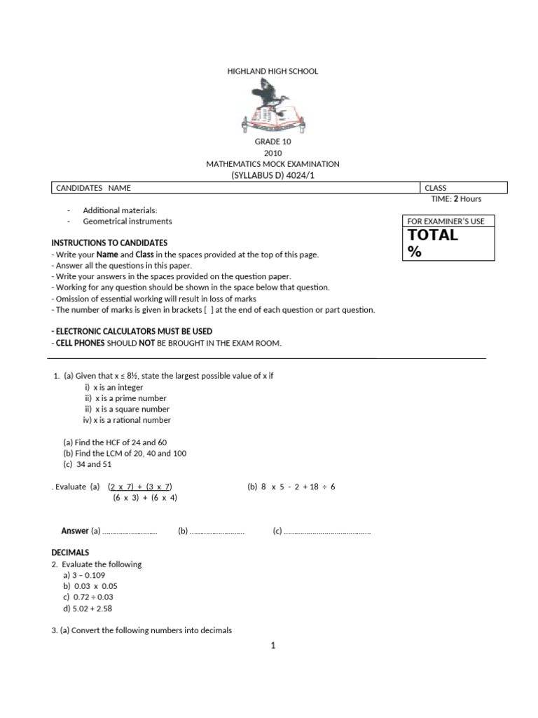 Grade 10 Mathematics Mock Exam | PDF | Numbers | Mathematical Notation