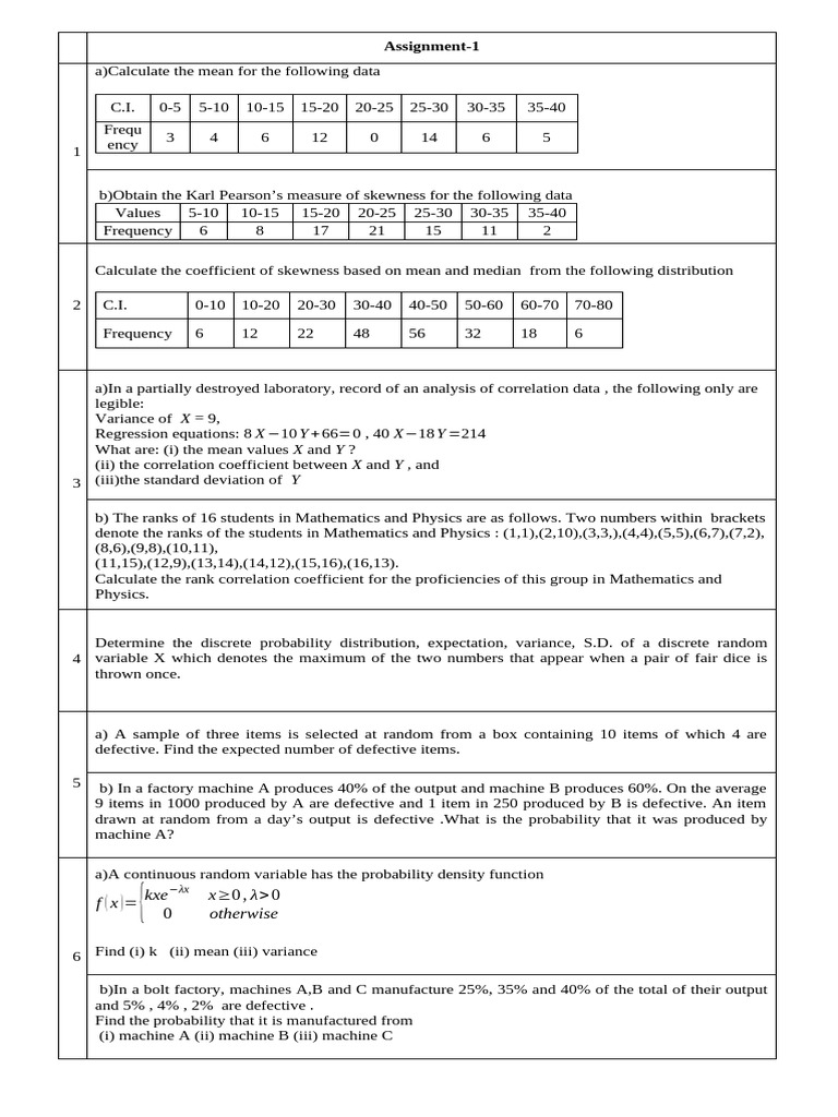2BTECH 1SEM MECH MID1 Probability and Statistics | PDF | Variance | Standard Deviation