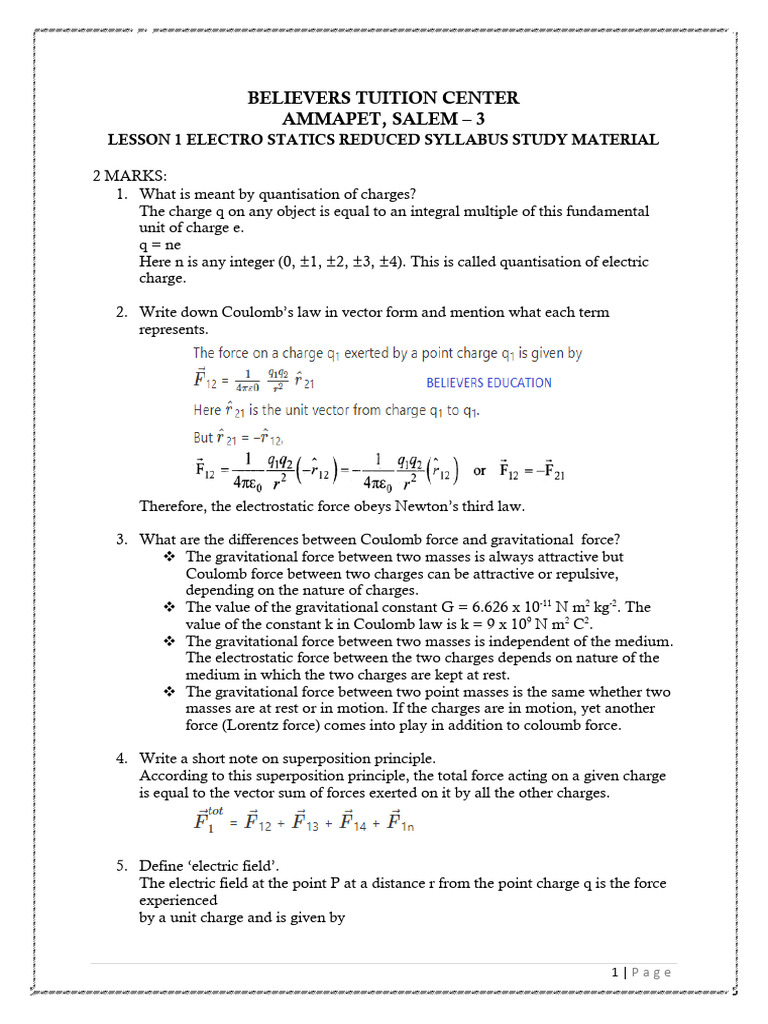 Electrostatics Study Material Guide | PDF | Electric Charge | Electric ...