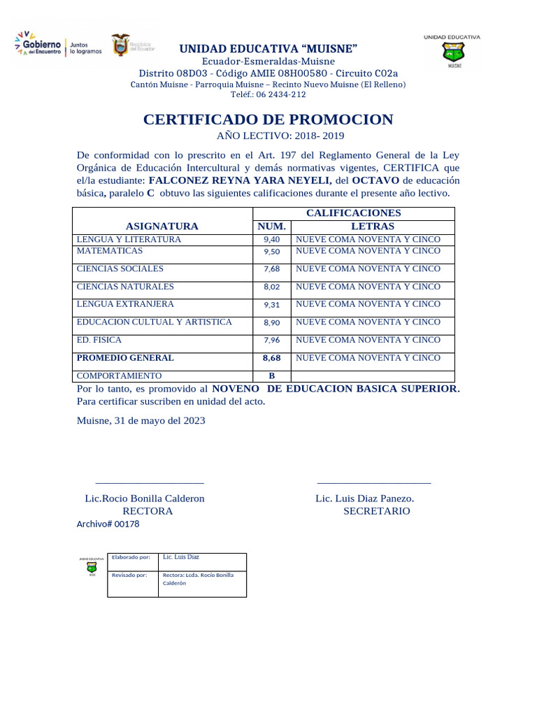 Certificado de Promocion Mero Cagua Alan Victor 01, Meñlñl Poaiuñliuna, Falconez, Cherne ...