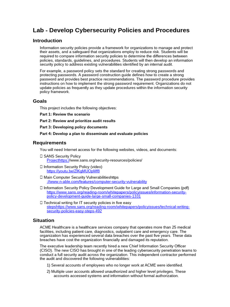 Lab - Develop Cybersecurity Policies and Procedures | PDF | Security ...