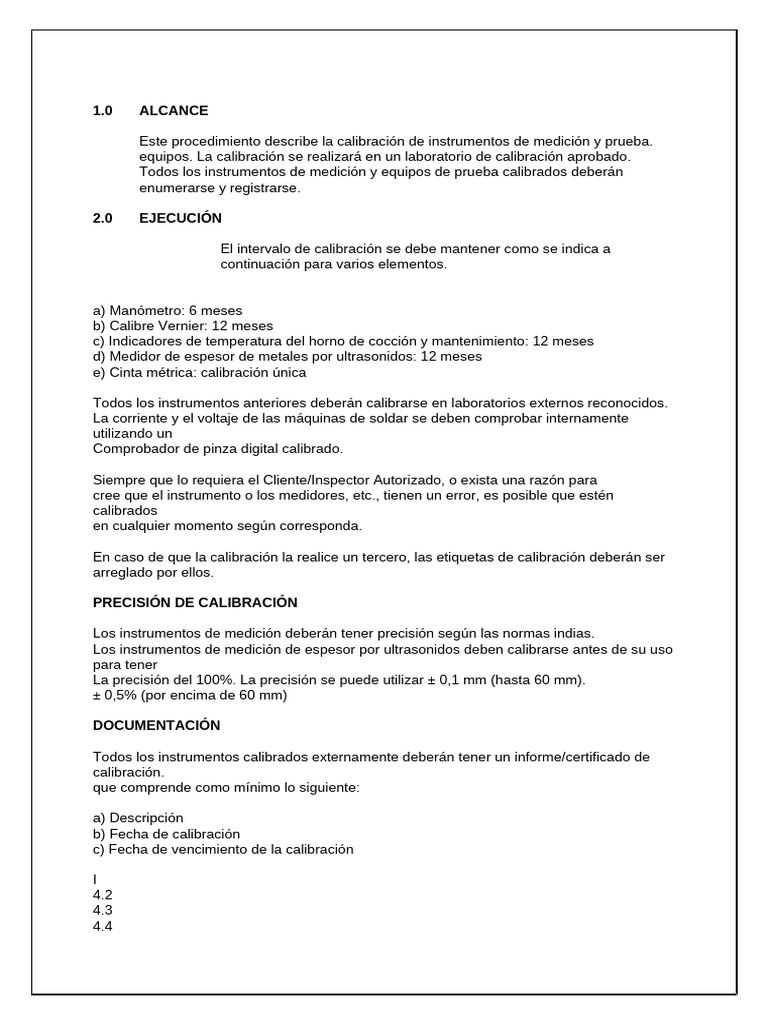 Procedimiento de Calibración | PDF | Calibración | Instrumentación