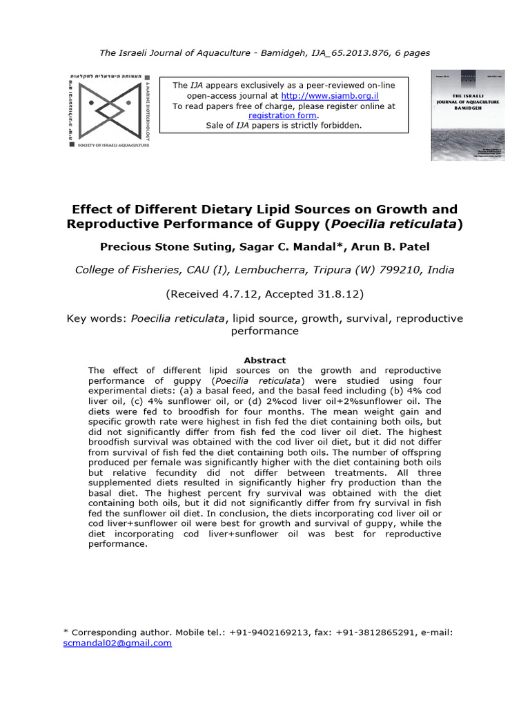 Effect of Different Dietary Lipid Sources On Reproductive Performance ...