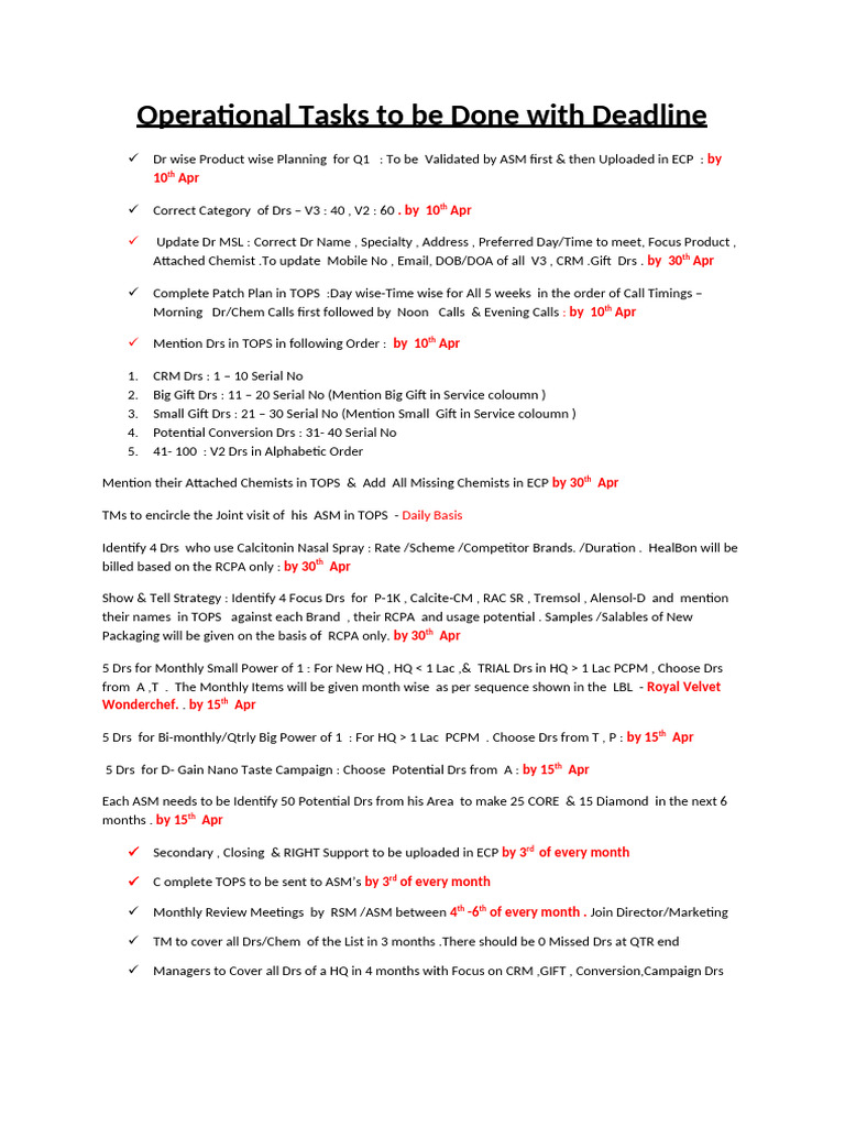 Operational Tasks To Be Done With Deadline | PDF