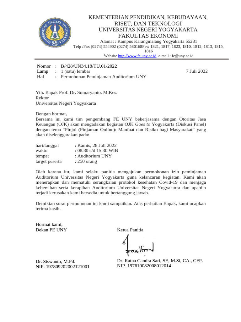 Surat Permohonan Peminjaman Auditorium UNY 2 | PDF
