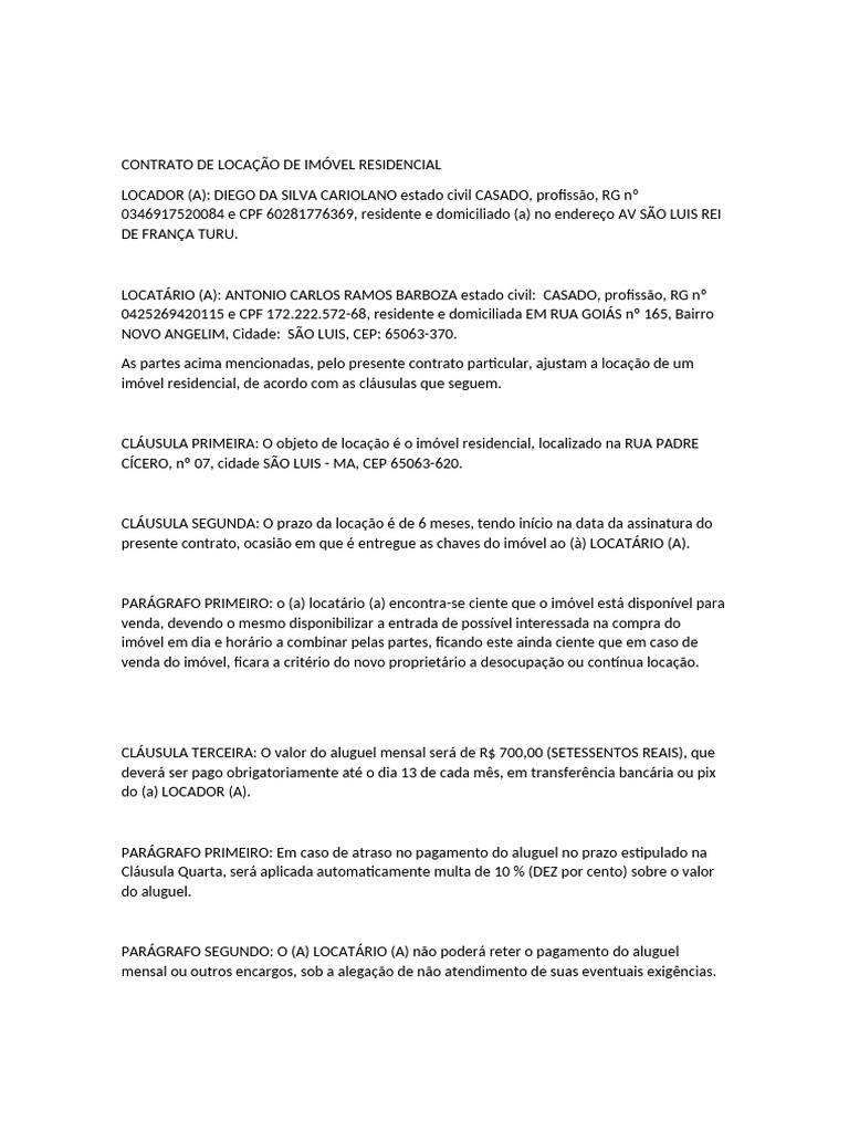 Contrato de Locação Residencial Simples | PDF | Aluguel | Direito Comum