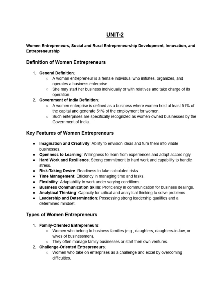 (Notes-UNIT 2) - Women Entrepreneurship | PDF | Entrepreneurship ...