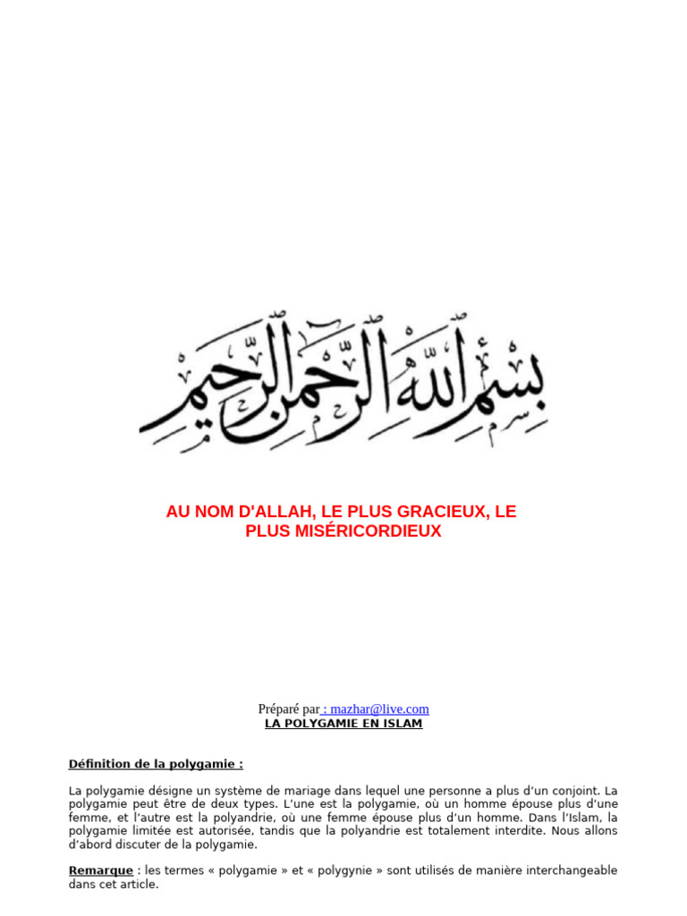 La polygamie dans l'Islam | PDF | Polygamie | Mahomet