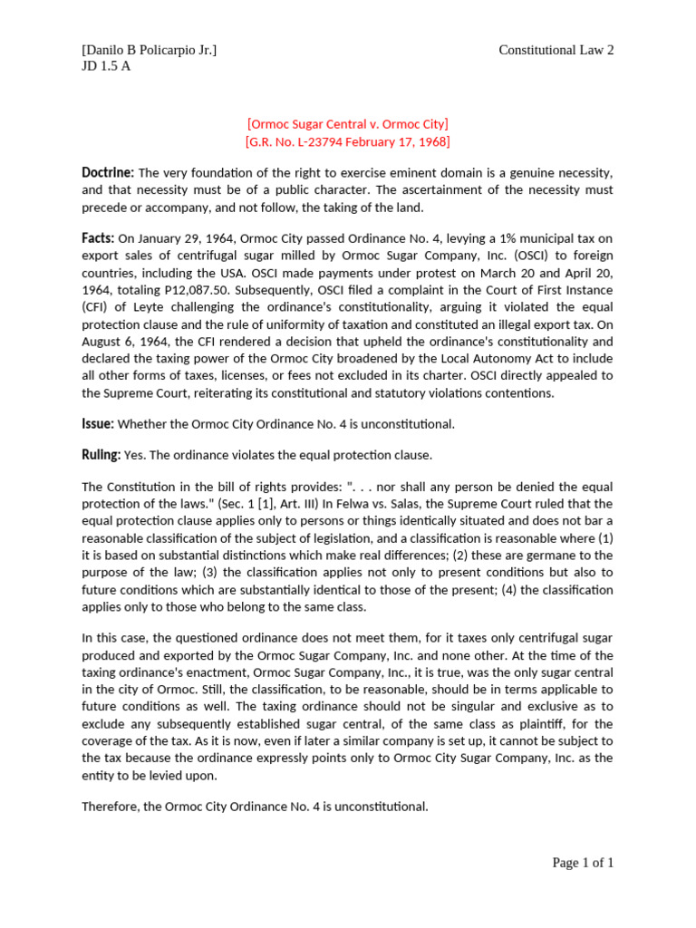 Ormoc Sugar Central v. Ormoc City G.R. No. L-23794 February 17, 1968 | PDF | Supreme Court Of ...