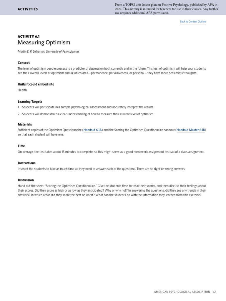 Activity Measuring Optimism | PDF | Optimism | Psychological Concepts
