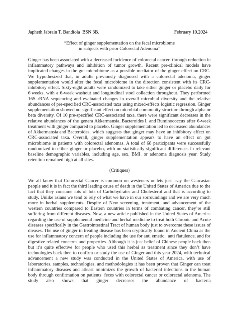 Japheth Jabrain T. Bandiola BSN 3B. February 10,2024 | PDF | Colorectal Cancer | Cancer
