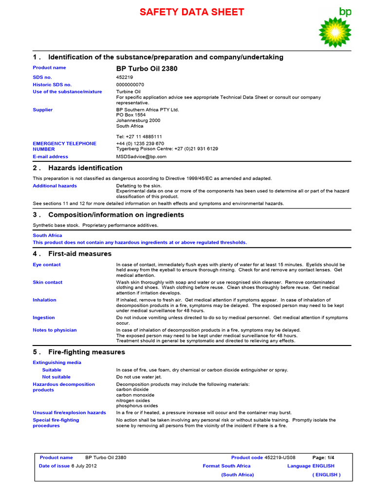 BP Turbo Oil 2380 Safety Data Sheet | PDF | Waste | Waste Management