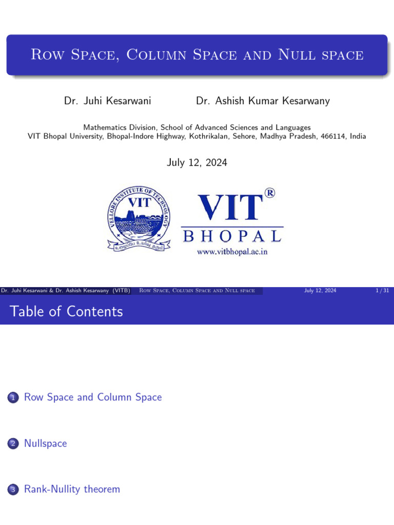 Row Space Column Space Null Space | PDF | Functions And Mappings | Linear Algebra