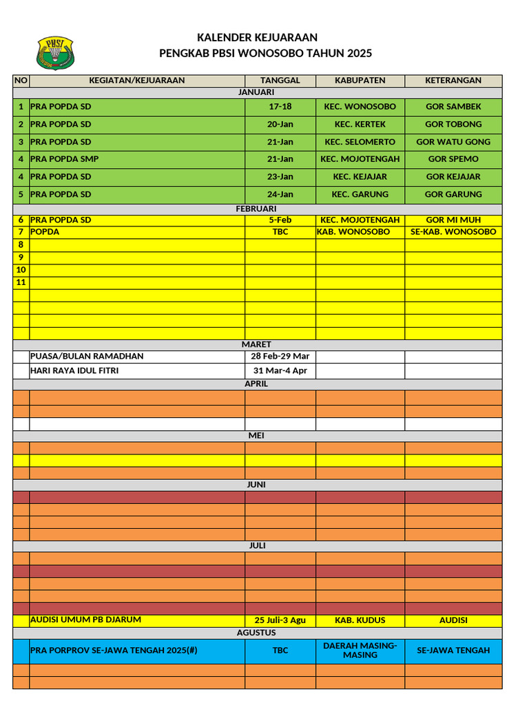 Kalender Kejuaraan Pbsi Pengkab Wonosobo 2025 (1) | PDF