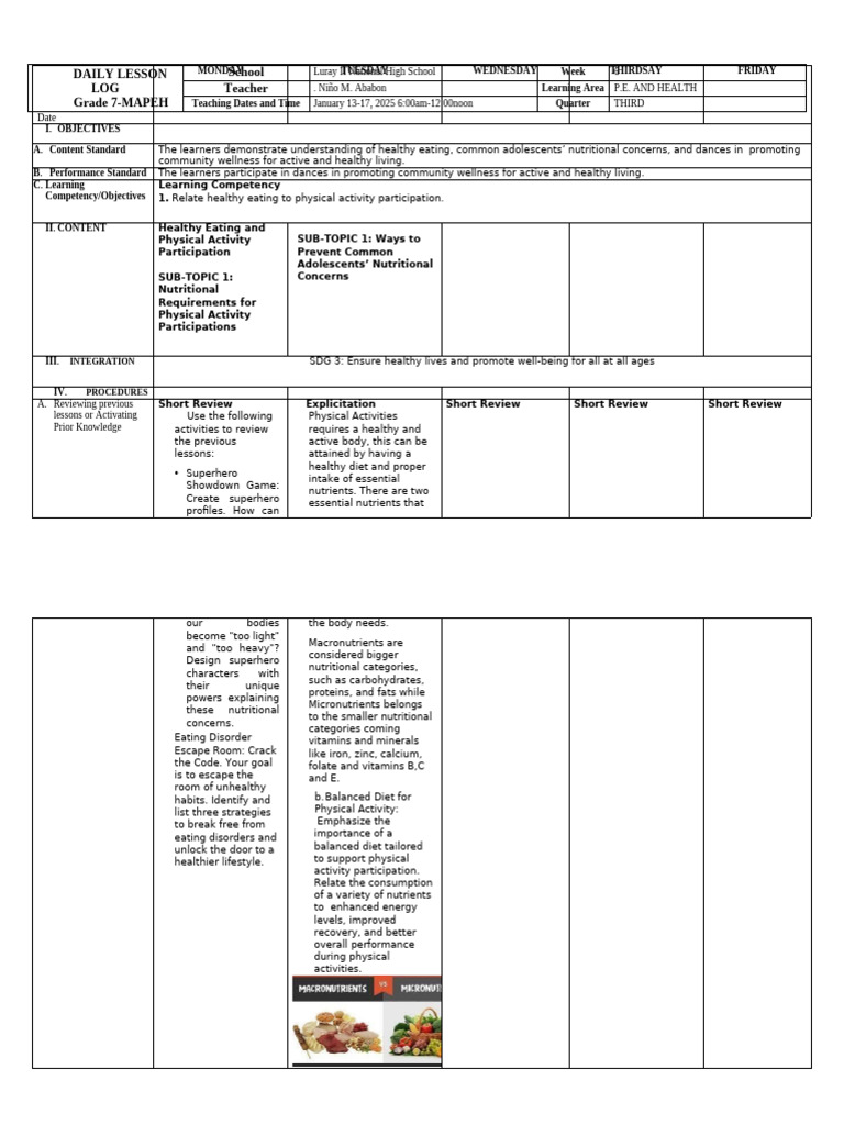 PE & Health DLL PE WEEK 6 3rd Quarter | PDF | Nutrients | Nutrition