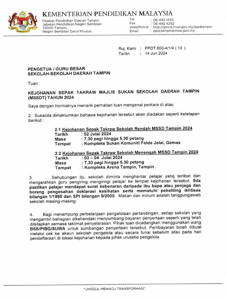 Surat Kejohanan Sepak Takraw MSSD Tampin Tahun 2024 | PDF