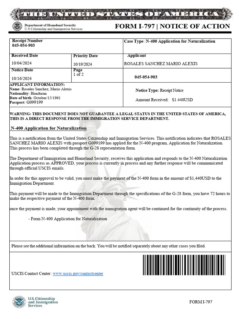 Notice of Action I-797 - N400 | PDF | United States Citizenship And ...