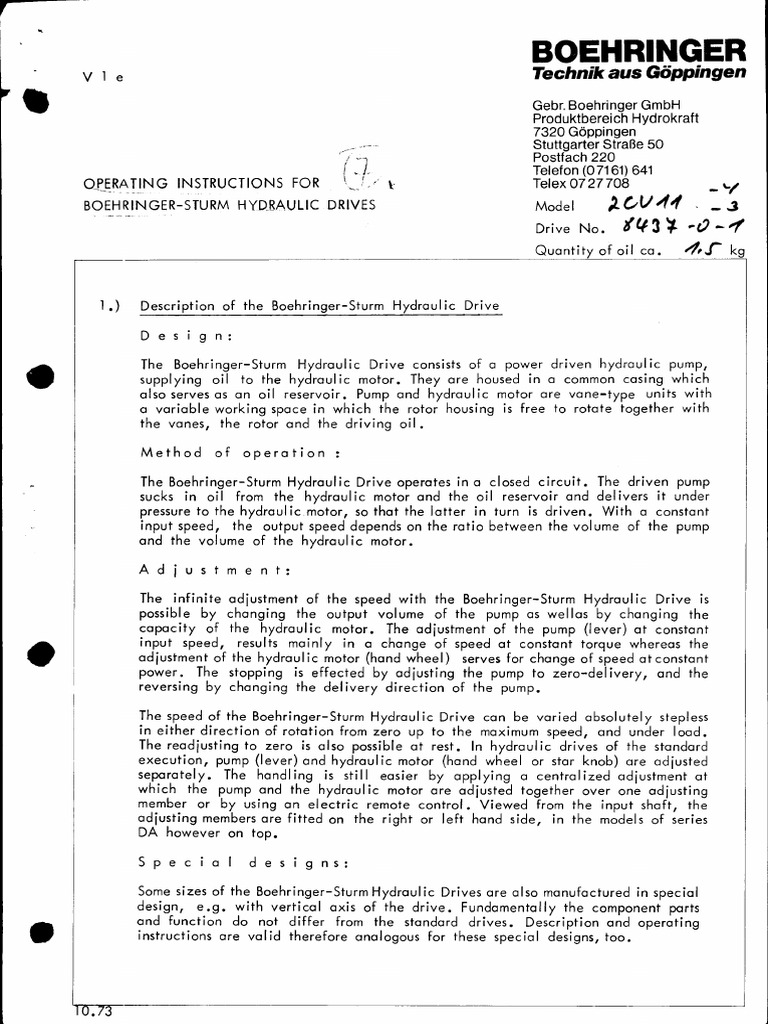 Operationg Instructions For Boehringer-Sturm Hydraulic Drives | PDF