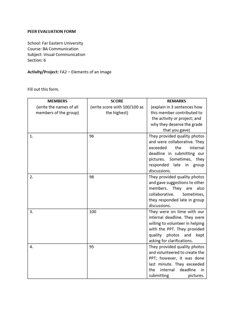 FA2 - Peer Evaluation Form | PDF | Human Communication | Communication