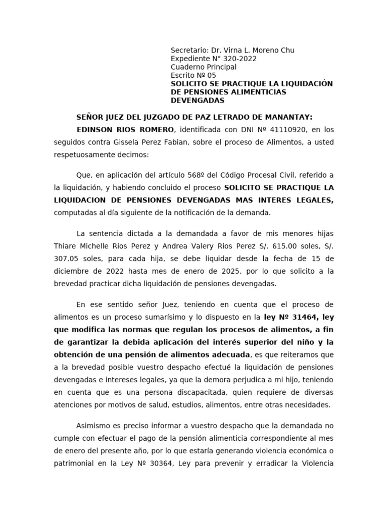 Solicito Se Practique La Liquidacion de Pensiones Alimenticias ...
