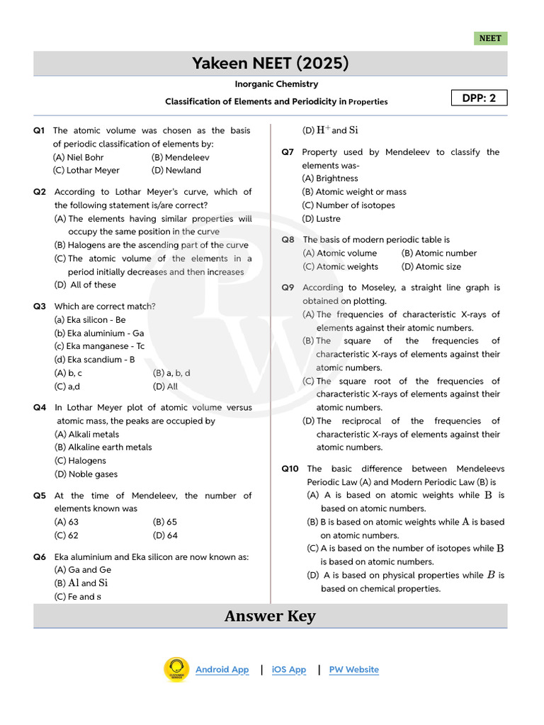 Classification of Elements and Periodicity in Properties - DPP 02 (Of Lec-03) - Yakeen NEET 2025 ...