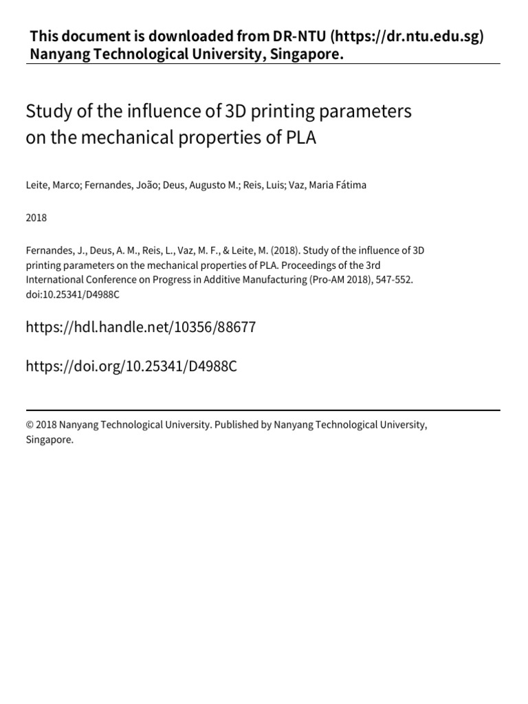 Study of The Influence of 3D Printing Parameters On | PDF | Extrusion | 3 D Printing